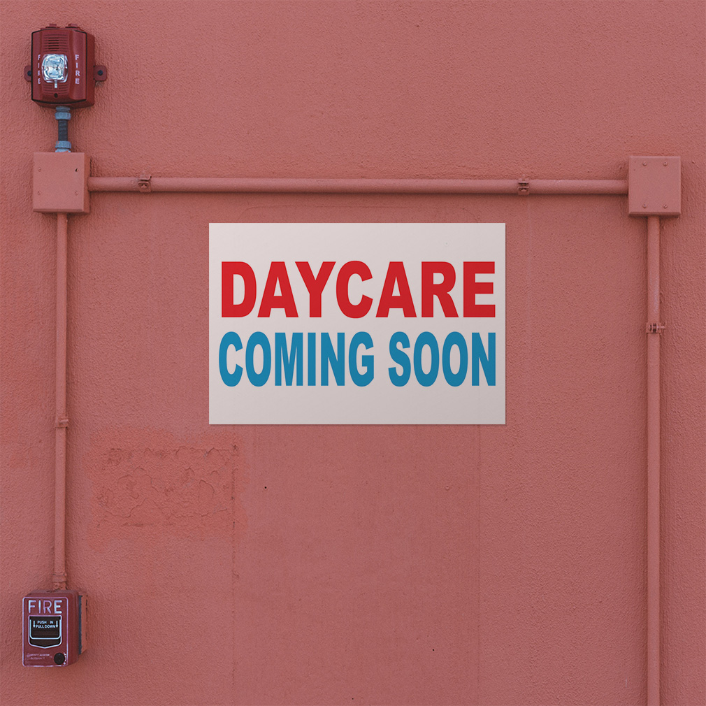Decal Stickers Daycare Coming Soon Red Blue Vinyl Store Sign Label ...