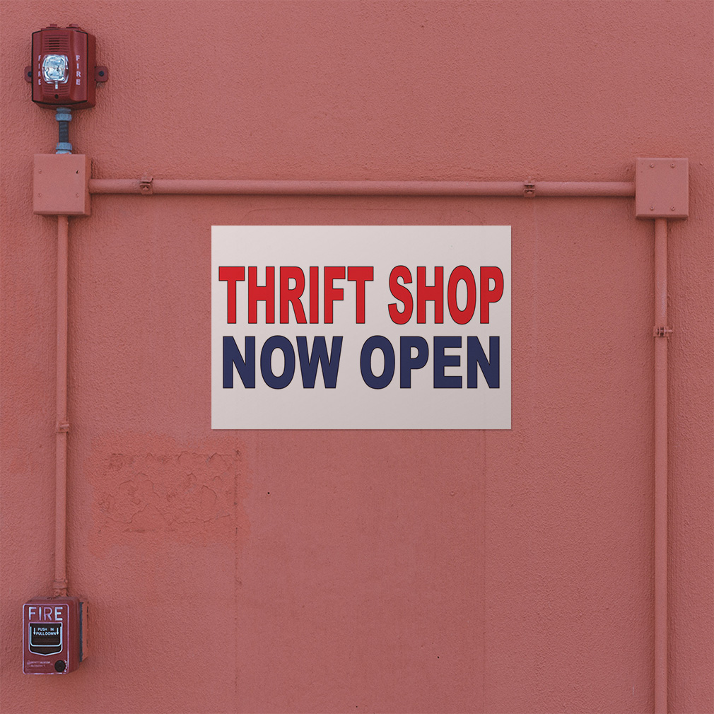Decal Stickers Thrift Shop Now Open Red Blue Vinyl Store Sign Label ...